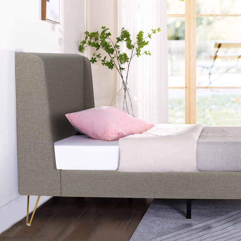 Upholstered Bed Frame with Angled Brass Legs Easy to Assemble Fabrics Headboard Stylish Comfy George Oliver Size Full Double